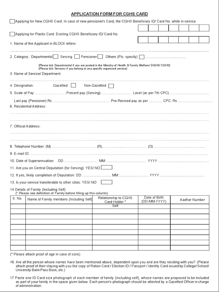 Application Form For Cghs Card | PDF | Identity Document | Disability
