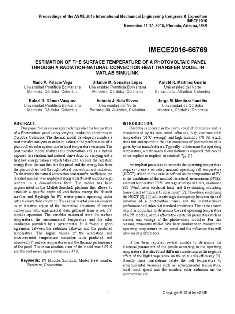 ASME IMECE 2016 66769 Final | PDF | Photovoltaics | Heat Transfer