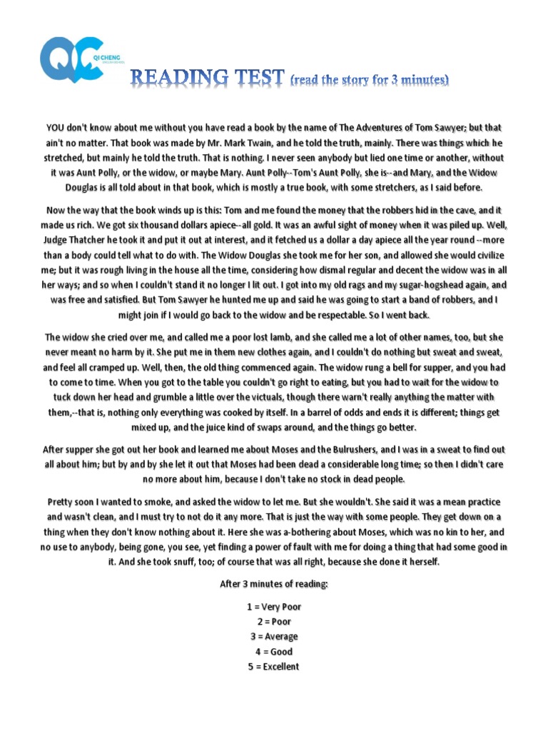 Reading Test | PDF | The Adventures Of Tom Sawyer