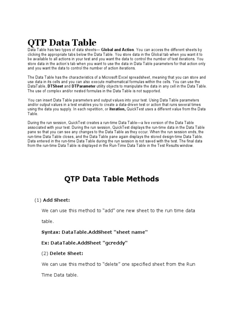 Qtp Data Table Pdf Microsoft Excel Application Software
