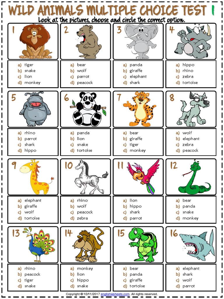 Wild Animals Vocabulary Esl Multiple Choice Tests For Kids | PDF | Nature