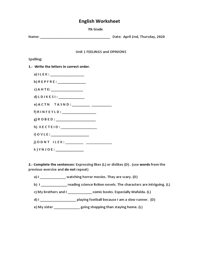 English Worksheet | PDF