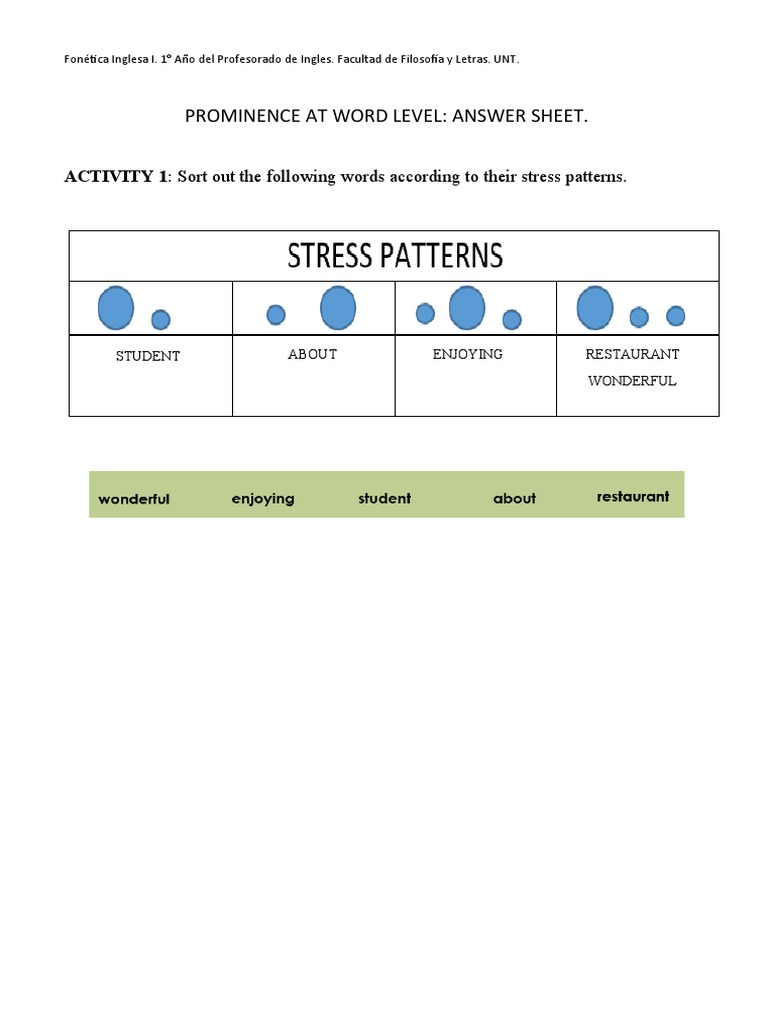Prominence at Word Level: Answer Sheet.: ACTIVITY 1: Sort Out The ...