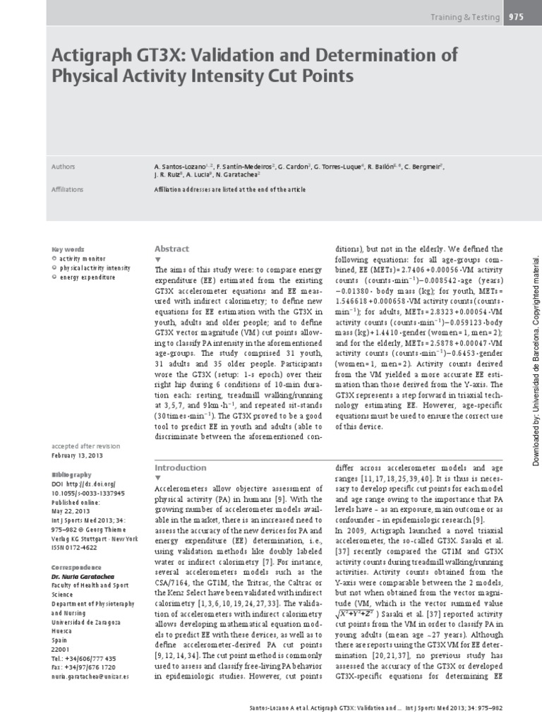 Actigraph GT3X: Validation and Determination of Physical Activity Intensity Cut Points | PDF ...
