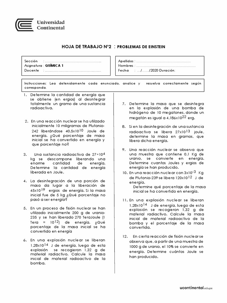 Hoja de Trabajo #2 Quimica 1 | PDF | La energía nuclear | Uranio