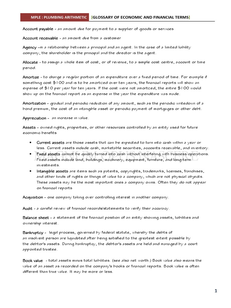 Glossary of Financial Terms | PDF | Book Value | Expense