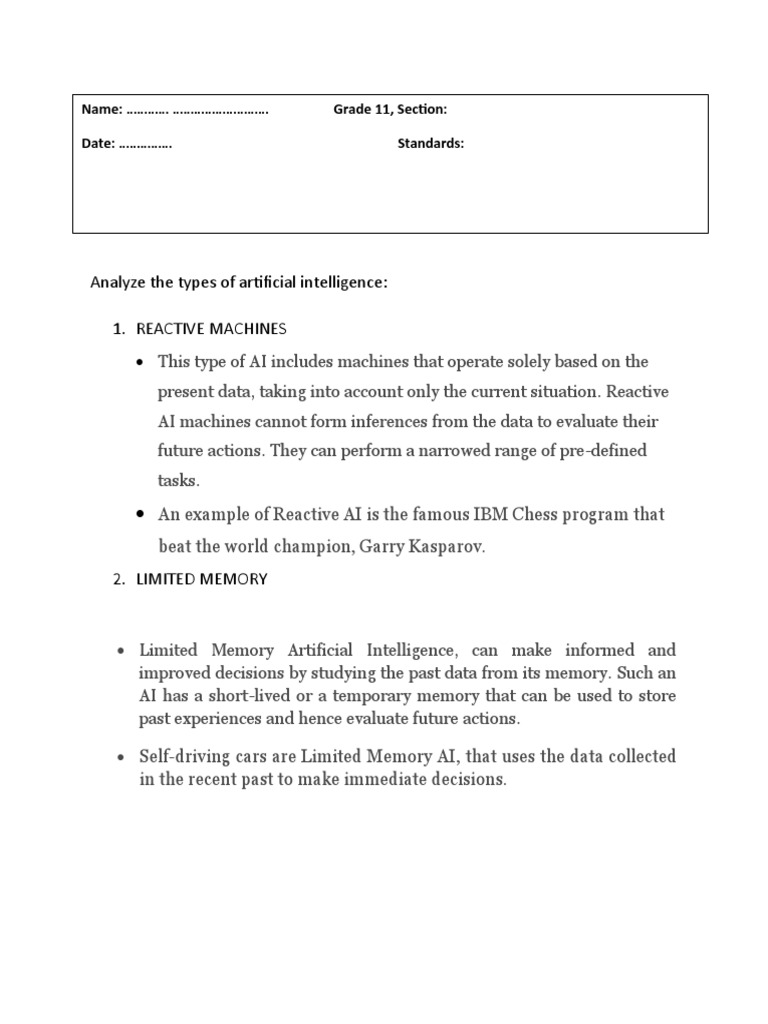 Analyze The Types of Artificial Intelligence: 1. Reactive Machines | PDF