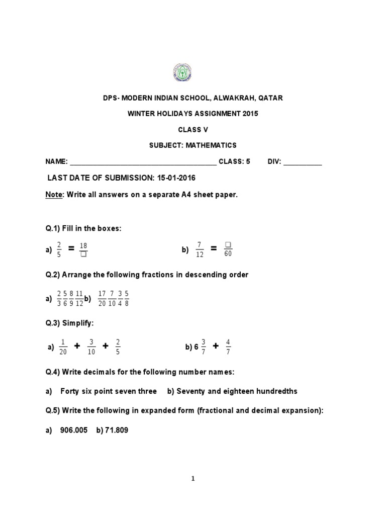 Class 5 - Winter Holidays Assignment 2015 | Download Free PDF ...