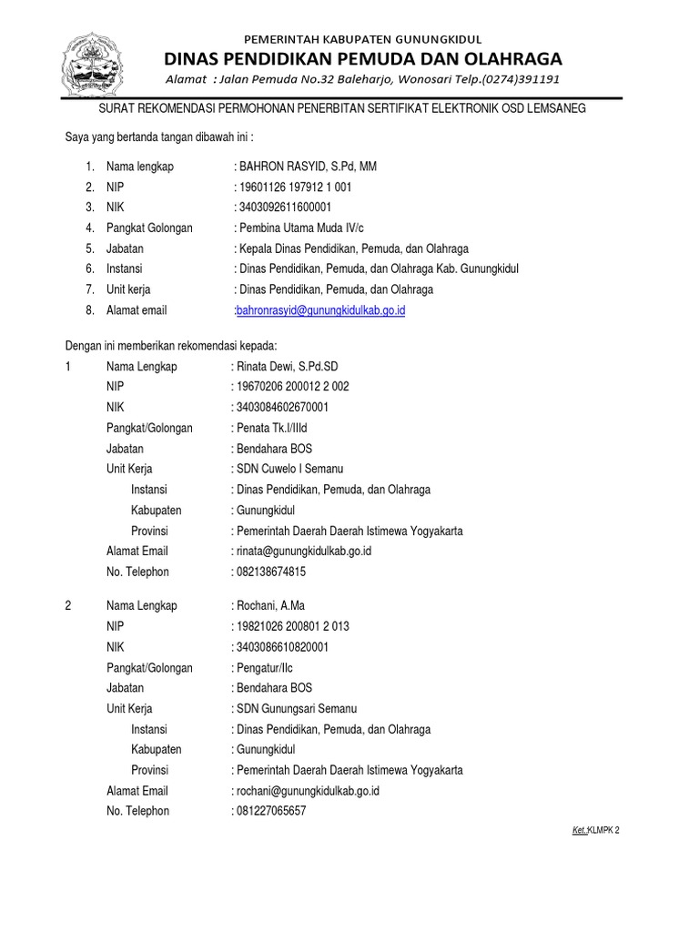 Rurat Rekomendasi Bendahara BOS Kelompok (Semanu Ponjong Karangmojo Wonosari Pla PDF | PDF