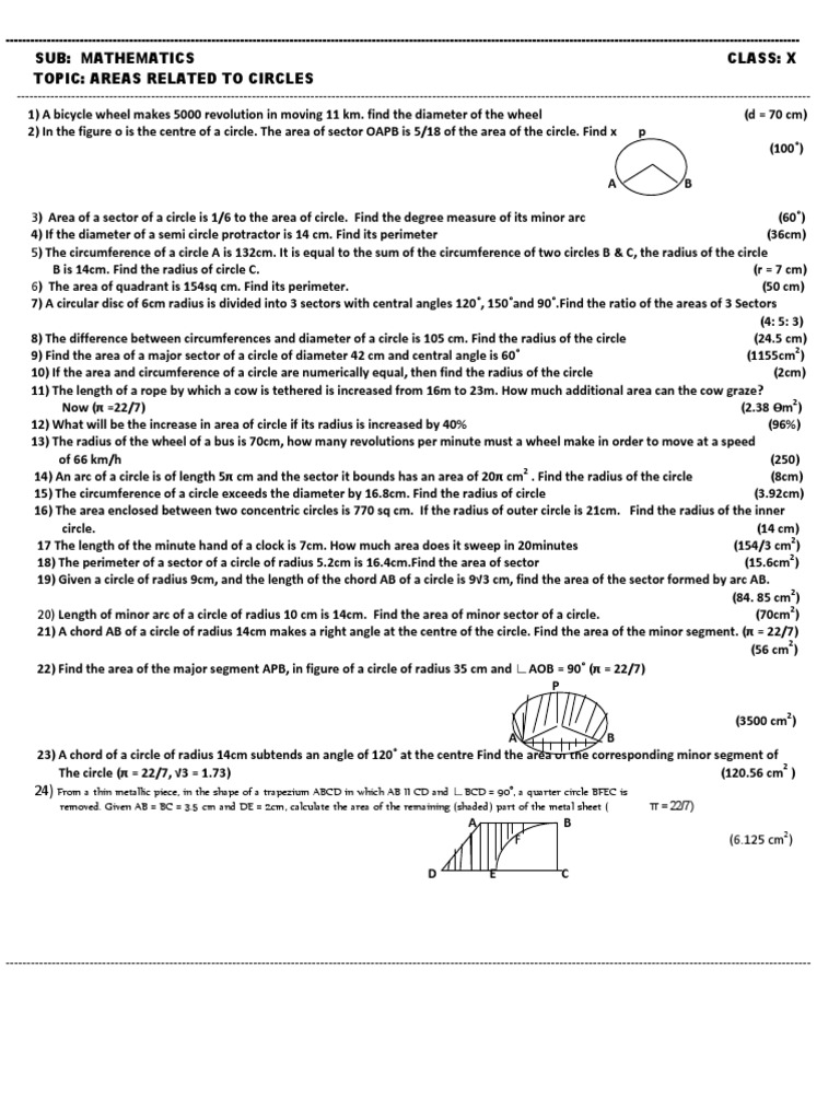 Class 10 Circle Area Worksheet | PDF | Circle | Area
