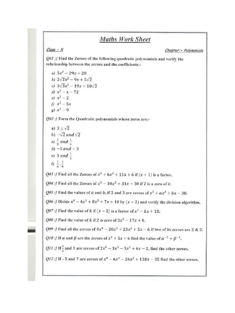 CBSE Class 10 Maths Worksheet - Polynomials | PDF