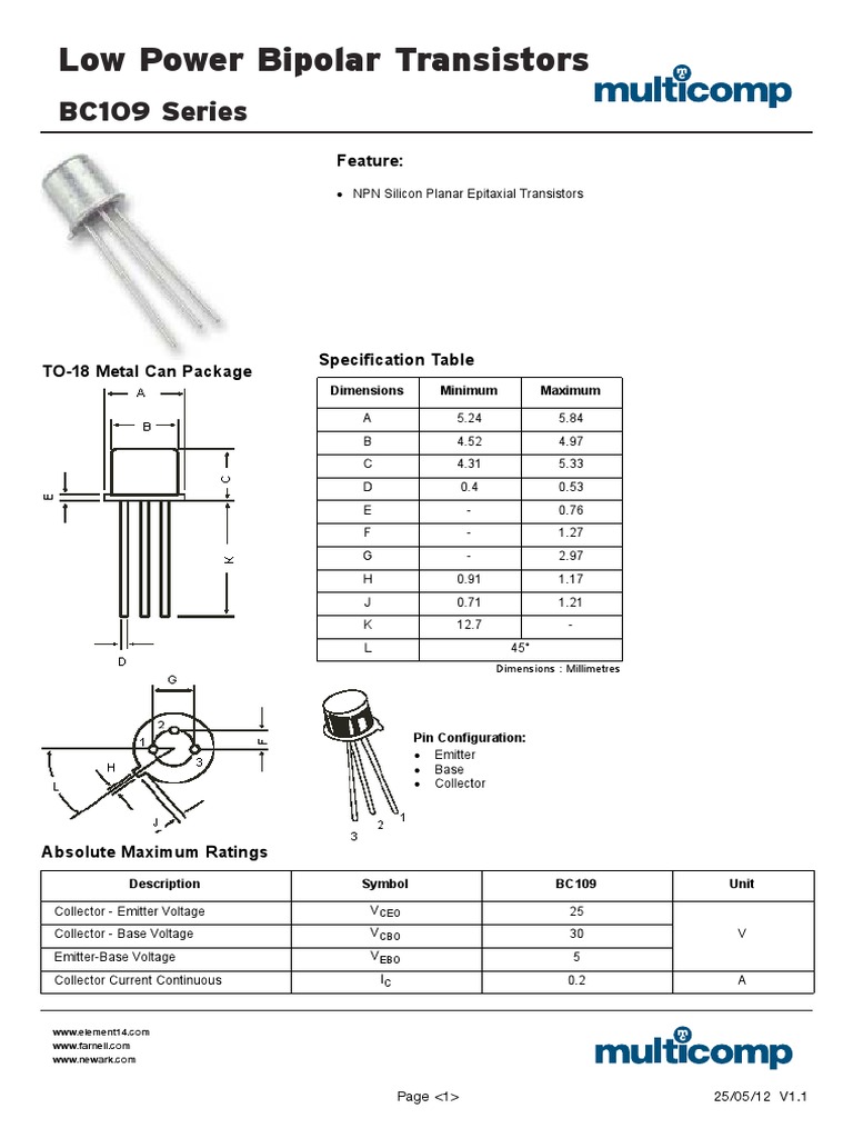 Low Power Bipolar Transistors: BC109 Series | PDF | Bipolar Junction Transistor | Electronic ...