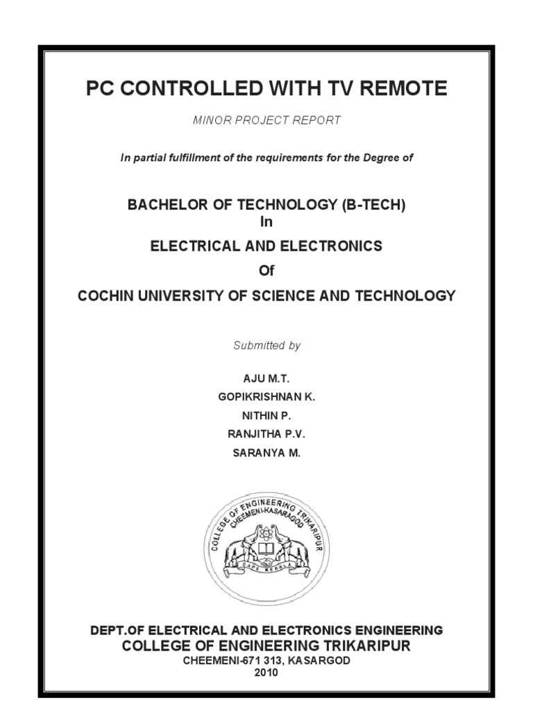 Electrical and Electronics Mini Project Report On Control of PC With TV ...