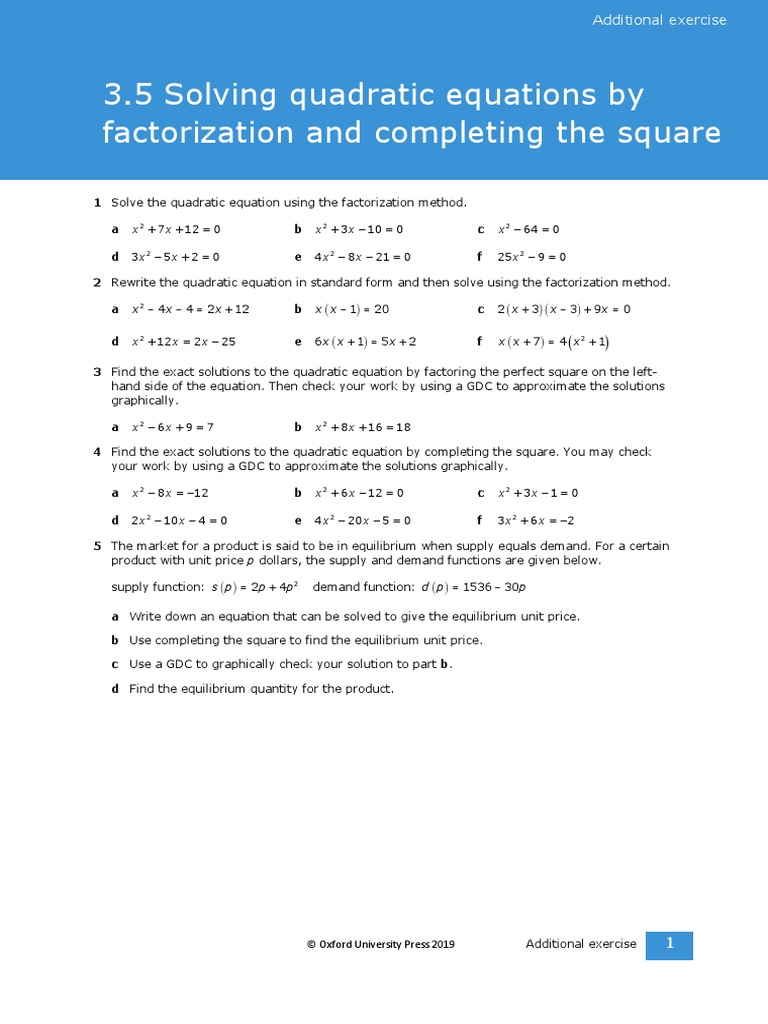 3.5 Solving Quadratic Equations by Factorization and Completing The ...