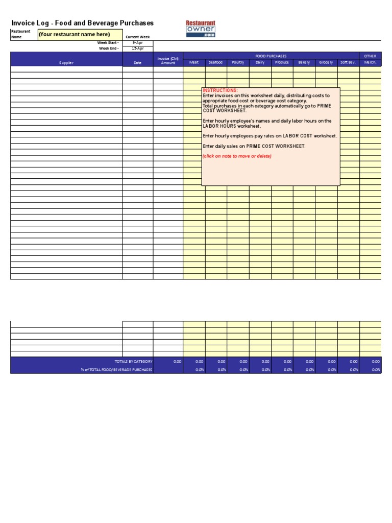 Invoice Log - Food and Beverage Purchases: (Your Restaurant Name Here ...