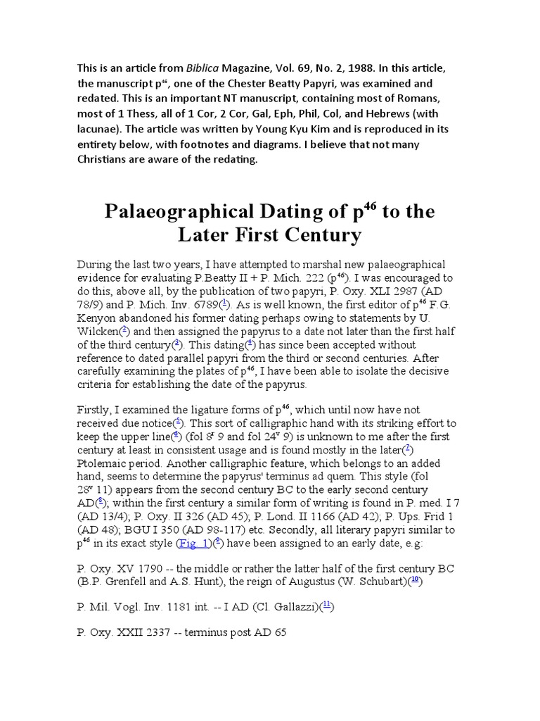 YK Kim Paleographical Dating of P46 - Biblica 1988 | PDF | Palaeography ...
