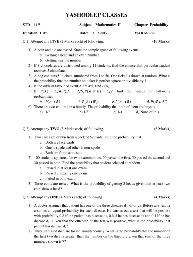 11th Probability Test | PDF | Odds | Probability