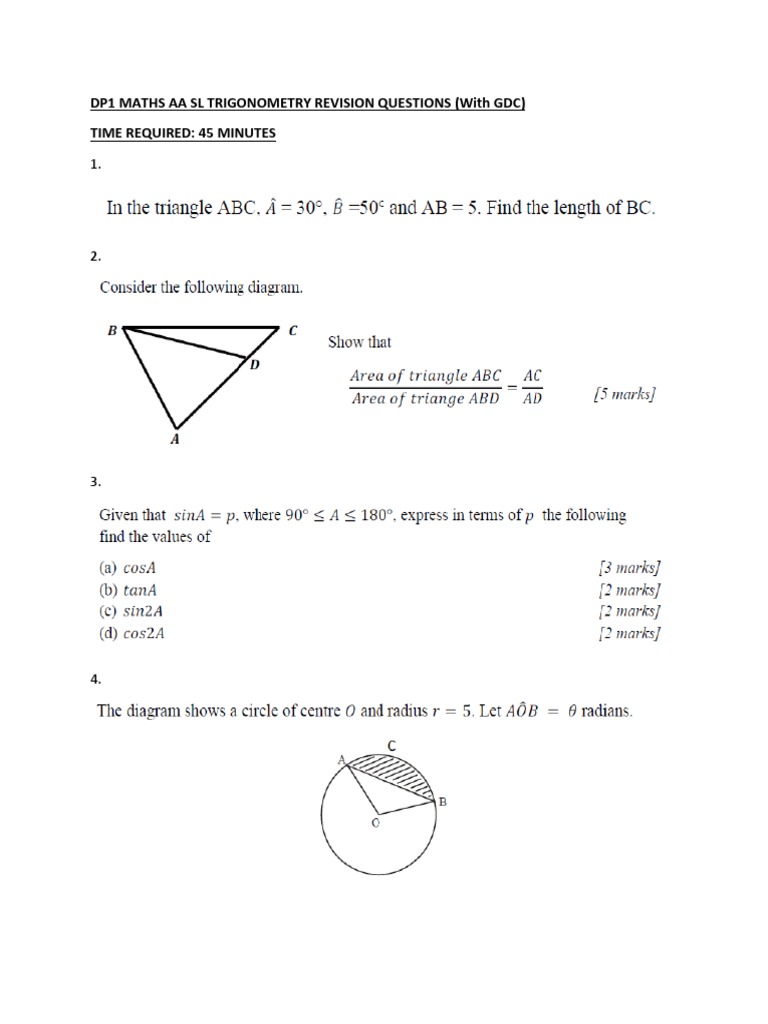 Dp1 Maths Aa SL Trigonometry Revision Questions (With GDC) Time ...