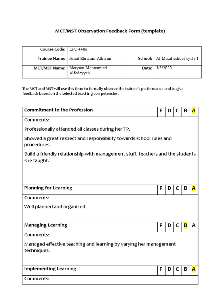 MCT/MST Observation Feedback Template | PDF