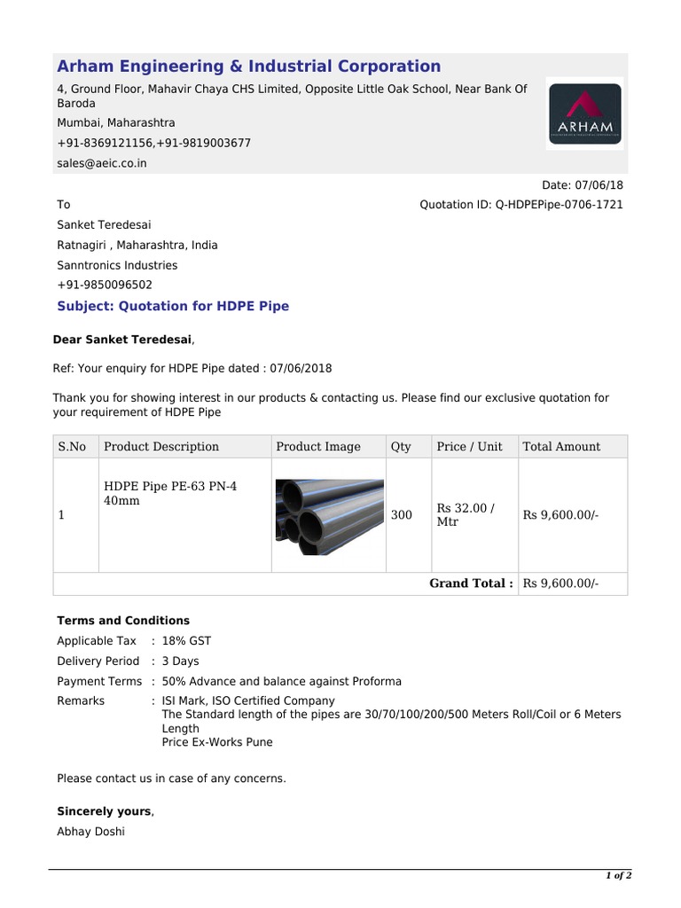 Arham Engineering & Industrial Corporation: Subject: Quotation For HDPE Pipe | PDF