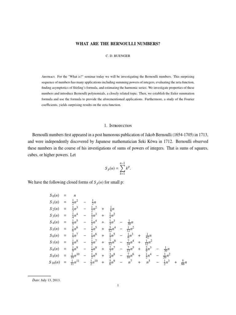 Bernoulli Numbers PDF | PDF | Summation | Mathematical Analysis