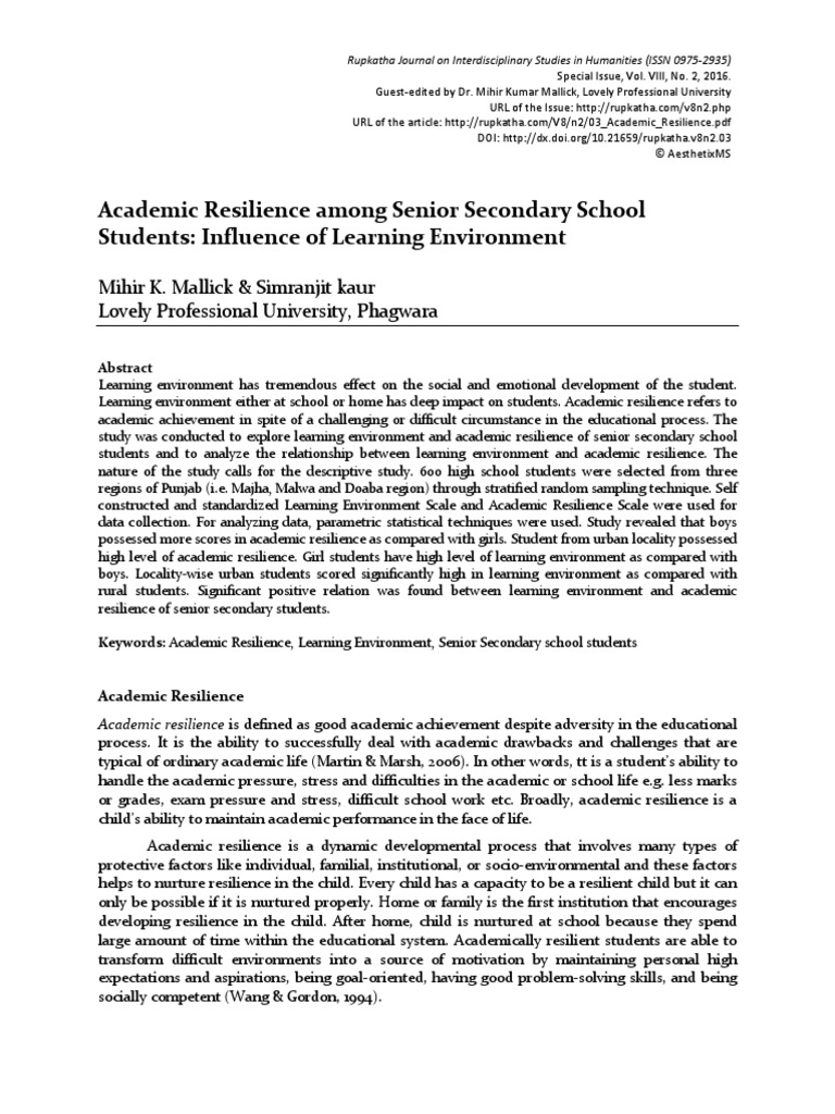 Academic Resilience Among Senior Secondary School Students: Influence ...