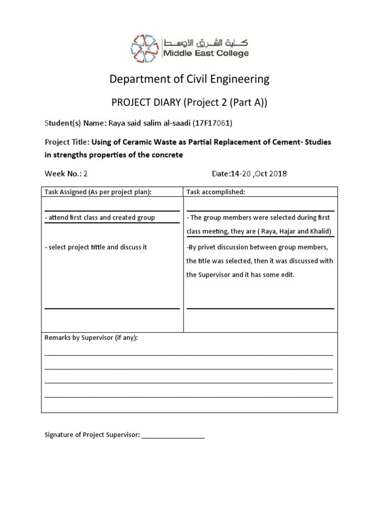 Department of Civil Engineering: PROJECT DIARY (Project 2 (Part A ...