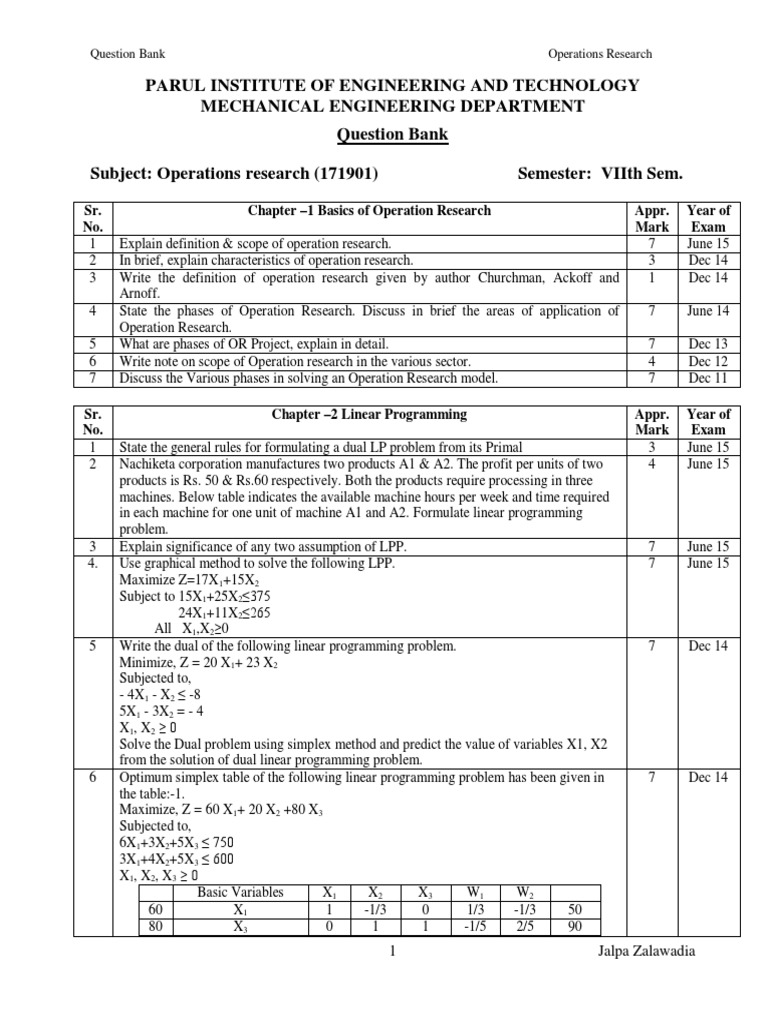 Question Bank Operation Research PDF | PDF | Mathematical Optimization ...