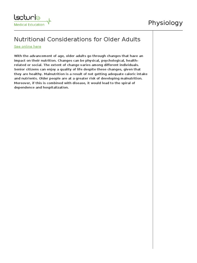 Nutritional Considerations For Older Adults: Physiology | PDF | Dietary ...