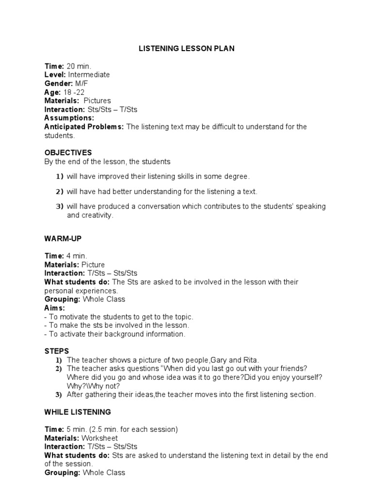 Listening Lesson Plan | Lesson Plan | Teachers