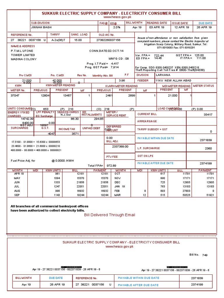 Sukkur Electric Supply Company - Electricity Consumer Bill: WWW - Hesco ...