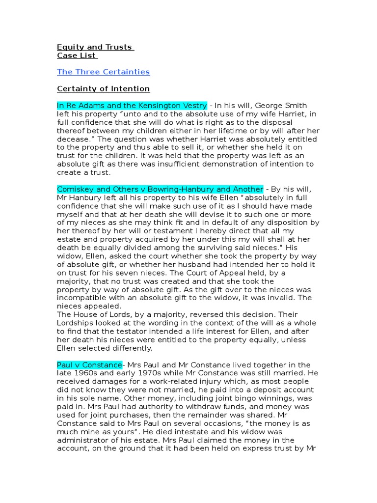 The Three Certainties: Equity and Trusts Case List | PDF | Trust Law | English Trust Law
