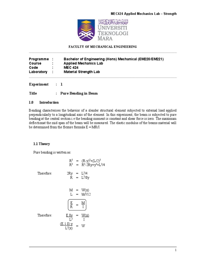 Lab Sheet Experiment 1-Strength | PDF | Bending | Beam (Structure)