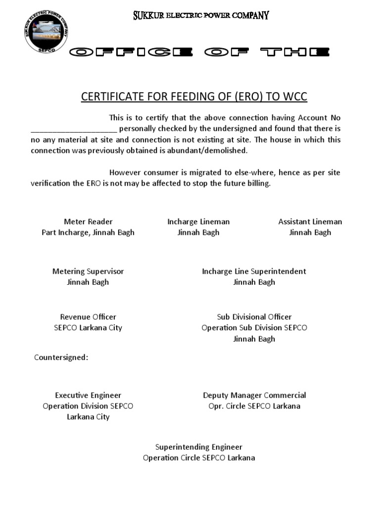 Certificate For Feeding ERO | PDF