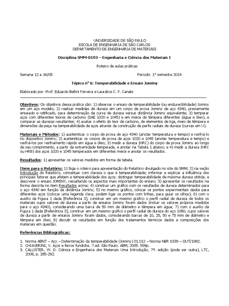 Prática 6 - Temperabilidade e Ensaio Jominy PDF | PDF | Dureza | Aço