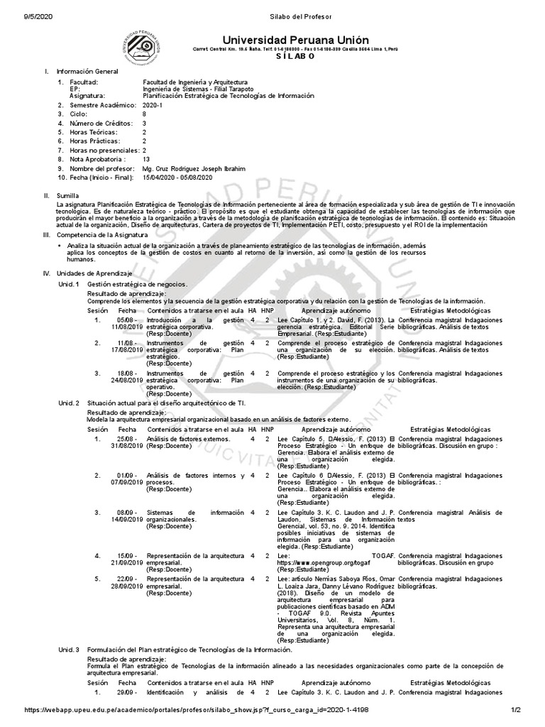 Silabo de Planeamiento Estratégico UTP | PDF | Planificación estratégica | Planificación