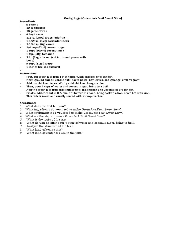 Gudeg Jogja (Green Jack Fruit Sweet Stew) Ingredients:: Questions | PDF