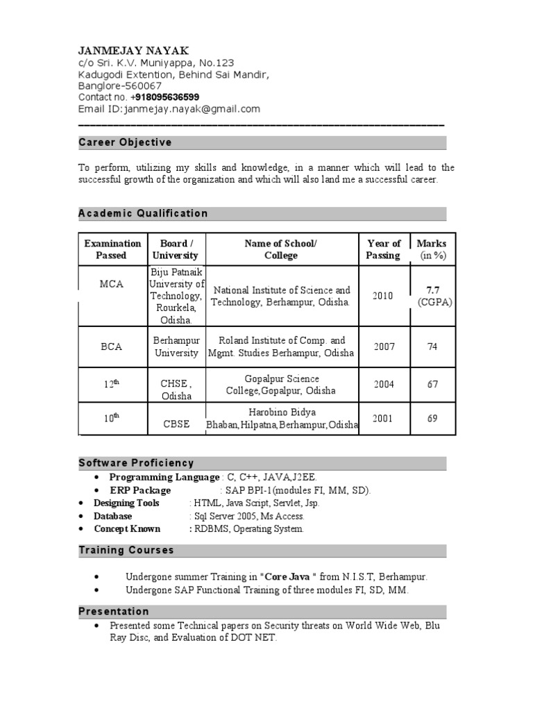 Janmejay Nayak Resume: MCA, Java, SAP Skills | PDF | Java Server Pages ...