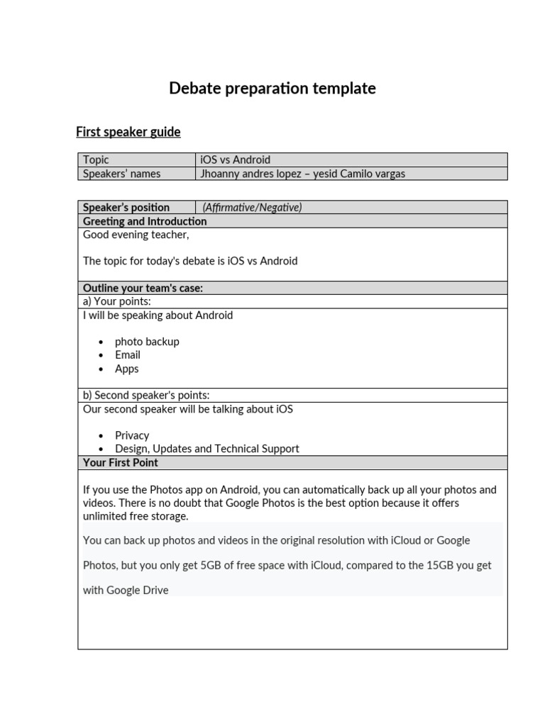 Debate Preparation Template: First Speaker Guide | PDF | Android ...