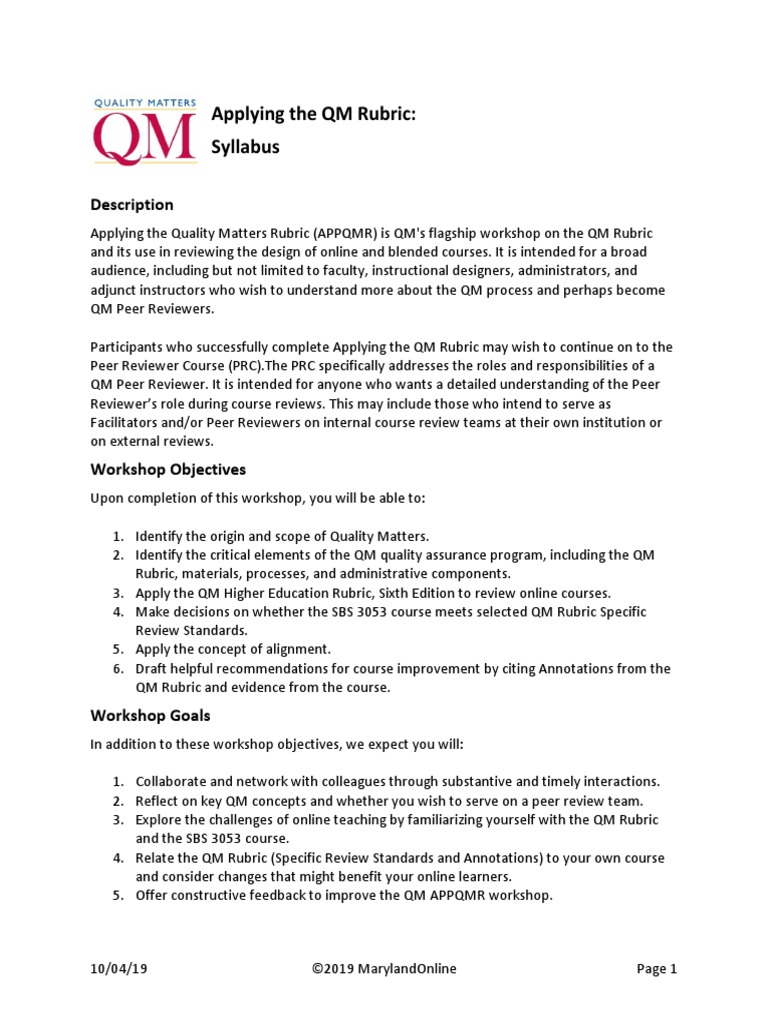 Applying The QM Rubric: Syllabus: Description | PDF | Technical Support ...