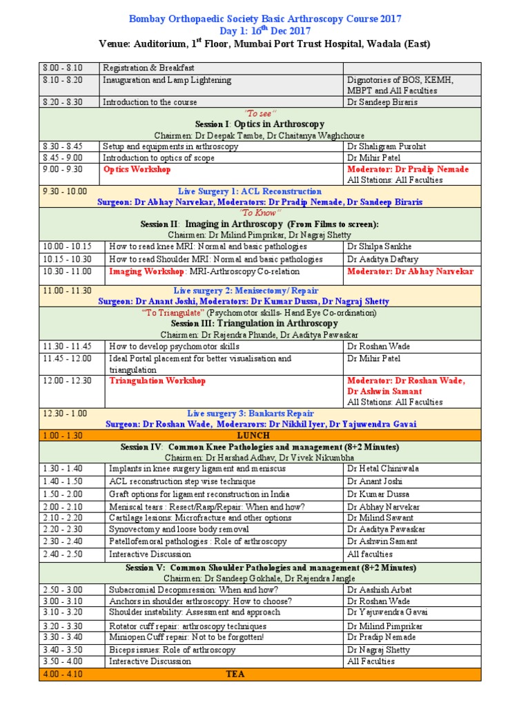BOS Basic Arthroscopy Course Programme | PDF | Medical Procedures | Joints