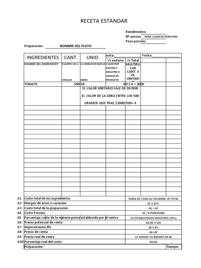 Formato Receta Estandar EXPLICADO | PDF