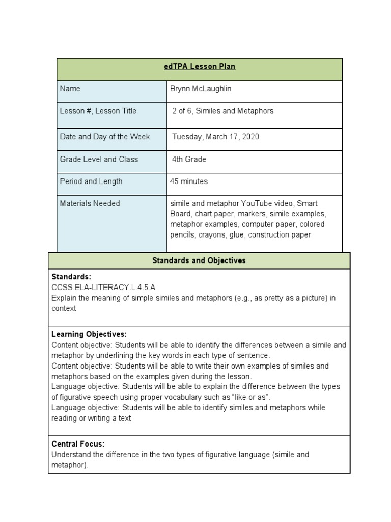 Similes and Metaphors Lesson Plan | PDF | Metaphor | Question