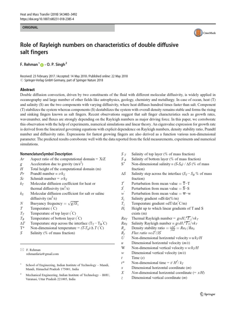 Role of Rayleigh Numbers On Characteristics of Double Diffusive Salt ...