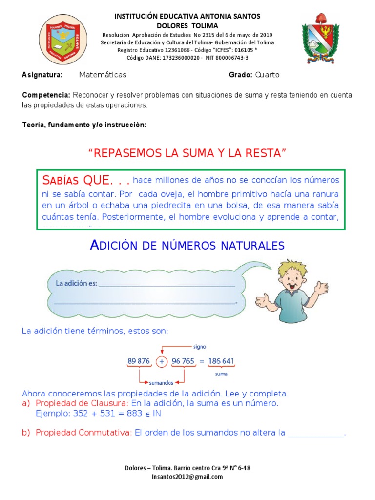 Taller de Matematicas (Suma y Resta de Numeros Naturales) | PDF ...