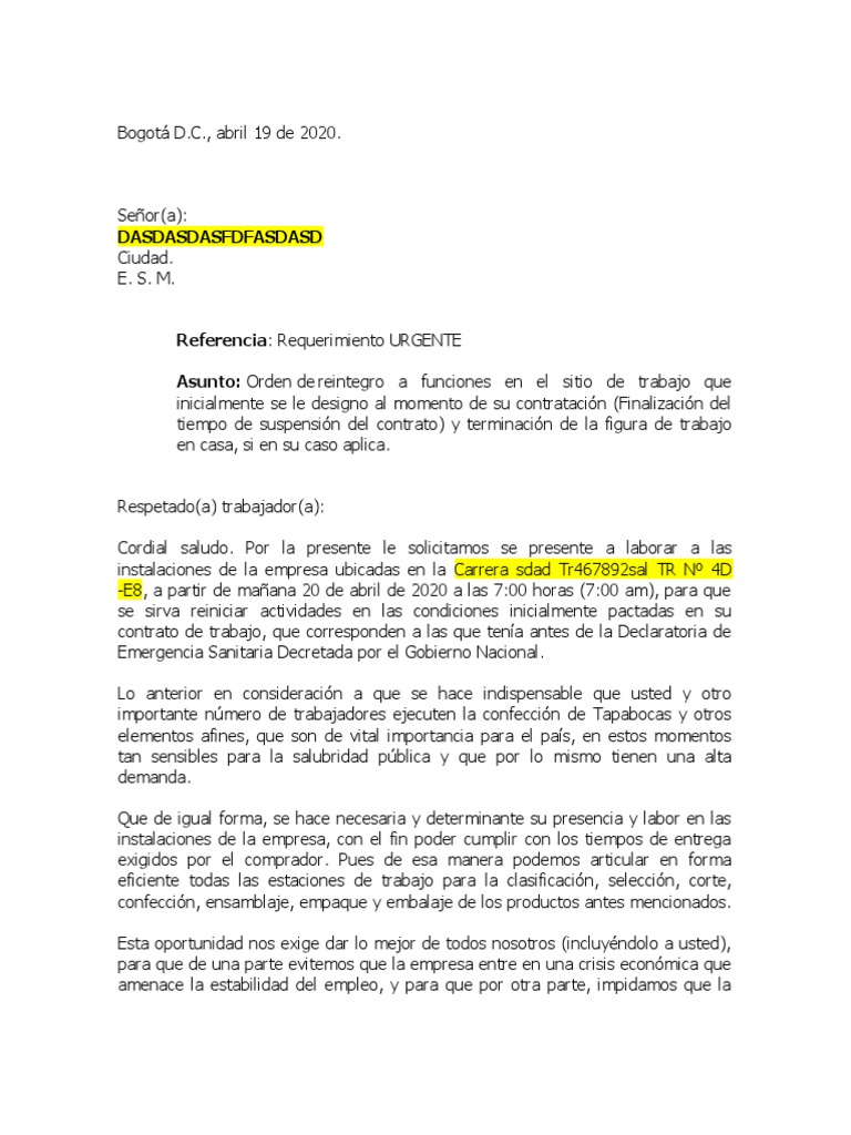 Carta Con Orden de Reintegro A Laborar | PDF | Gobierno | Labor