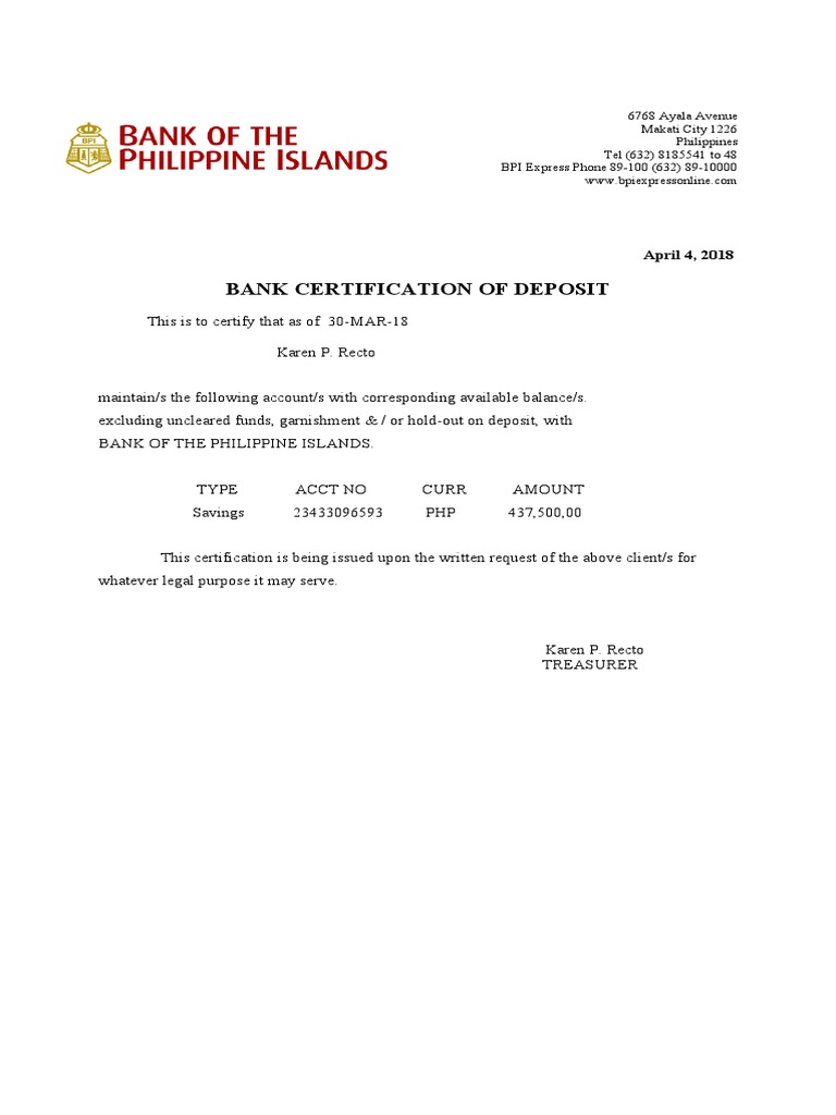 Bank Certification of Deposit: April 4, 2018 | PDF