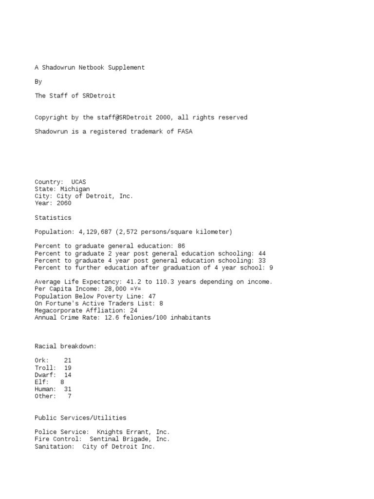 Shadowrun - Detroit Netbook (RPG Ebook) | PDF | Centers For Disease ...