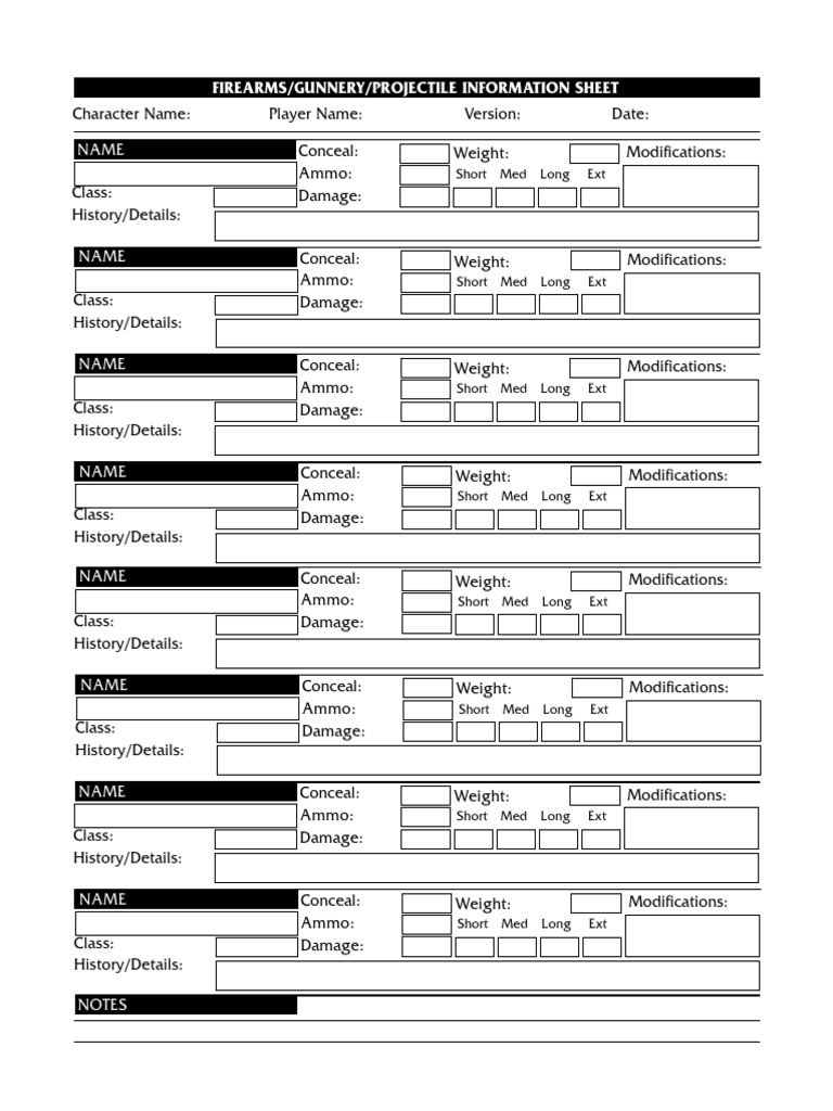 Firearms/Gunnery/Projectile Information Sheet Name: Short Med Long Ext ...