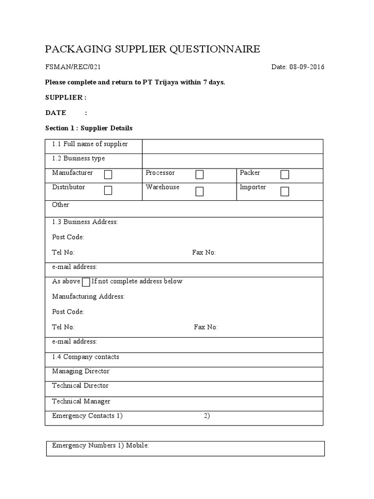 Packaging Supplier Questionnaire | PDF | Packaging And Labeling | Specification (Technical Standard)